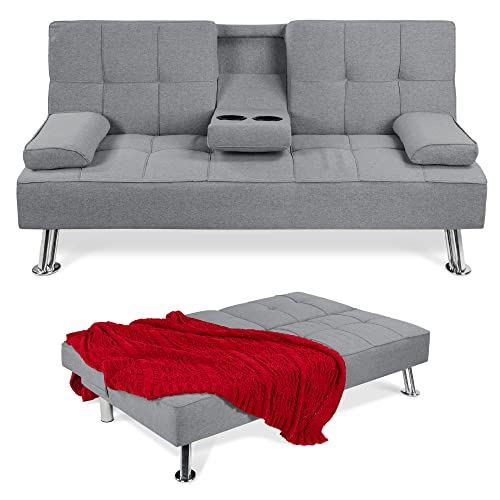 Best Choice Products Linen Upholstered Modern Convertible Folding Futon Sofa Bed for Compact Living Space, Apartment, Dorm, Bonus Room w/Removable Armrests, Metal Legs, 2 Cupholders - Gray