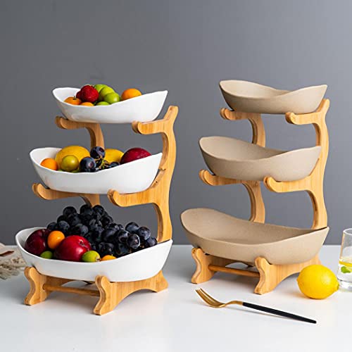 3 Tier Fruit Basket, Ceramic Fruit Bowl for Kitchen Counter, Home Fruit Bowl Set with Holder for Fruit Veggies Tray Snacks Nuts Bread Candy Storage Holder (White porcelain)