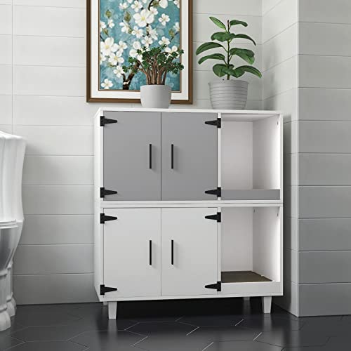 GDLF Modern Wood Pet Crate Cat Washroom Hidden Litter Box Enclosure Furniture House as Table Nightstand with Scratch Pad,Stackable (Gray & White)