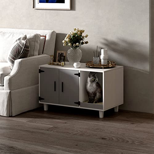 GDLF Modern Wood Pet Crate Cat Washroom Hidden Litter Box Enclosure Furniture House as Table Nightstand with Scratch Pad,Stackable (Gray & White)