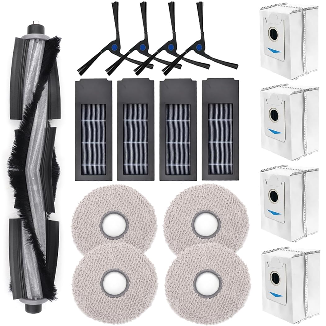 17pcs Replacement Parts for Ecovacs Deebot X2 / X2 Omni / X2 Pro / DEX86 Vacuum Cleaner Accessories, 1 Main Brush, 4 Side Brush, 4 Hepa Filters, 4 Dust Bags, 4 Mop Cloths