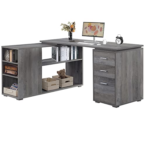 BELLEZE L Shaped Computer Desk, 60” Study Writing Table Home Office Desk Morden Corner Workstation Setup with Adjustable Storage Shelves and 3 Drawers, Gray Wash