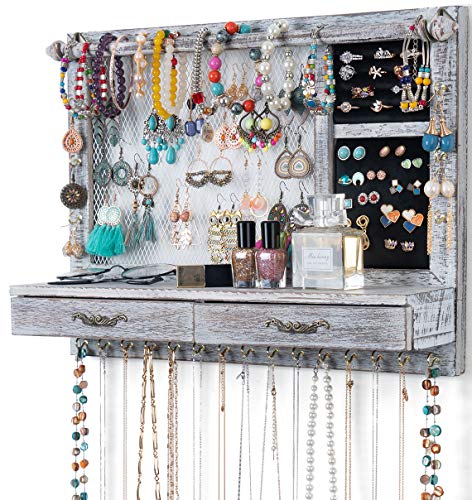 Dhmkfly Jewelry Wall Organizer Wall Mounted, Jewelry Hanger Display Rack Earring with Drawers, for Earring/Stud/Ring/Necklace/Bracelets Accessories Bangles Holder Girls Gift (White)