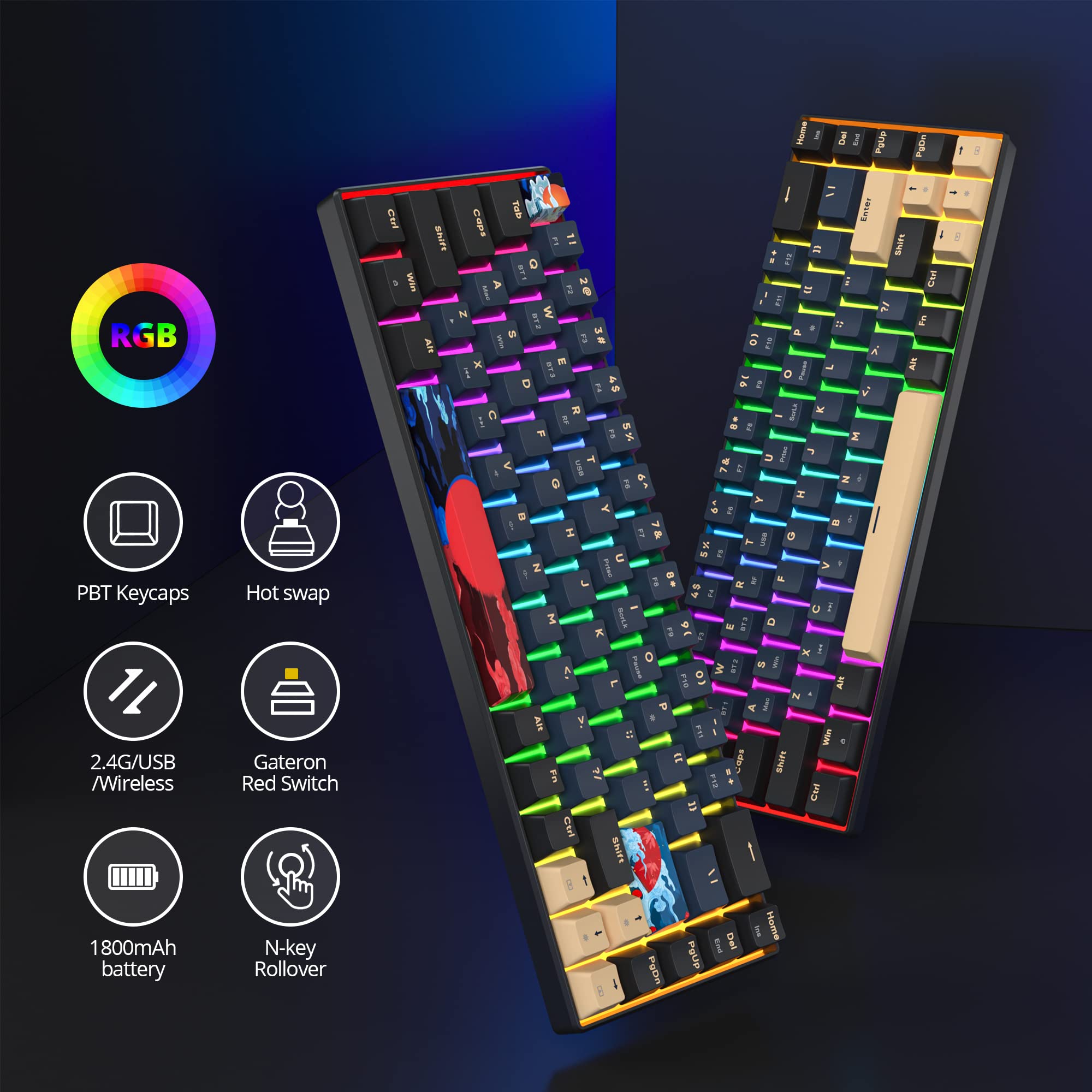 surmen GT68 65% Wireless Mechanical Gaming Keyboard 60 Percent RGB Hot-Swappable 68-Key Compact Keyboard Bluetooth5.0/2.4G/USB with Yellow Switch (Gateron Yellow, Blue Samurai 68)