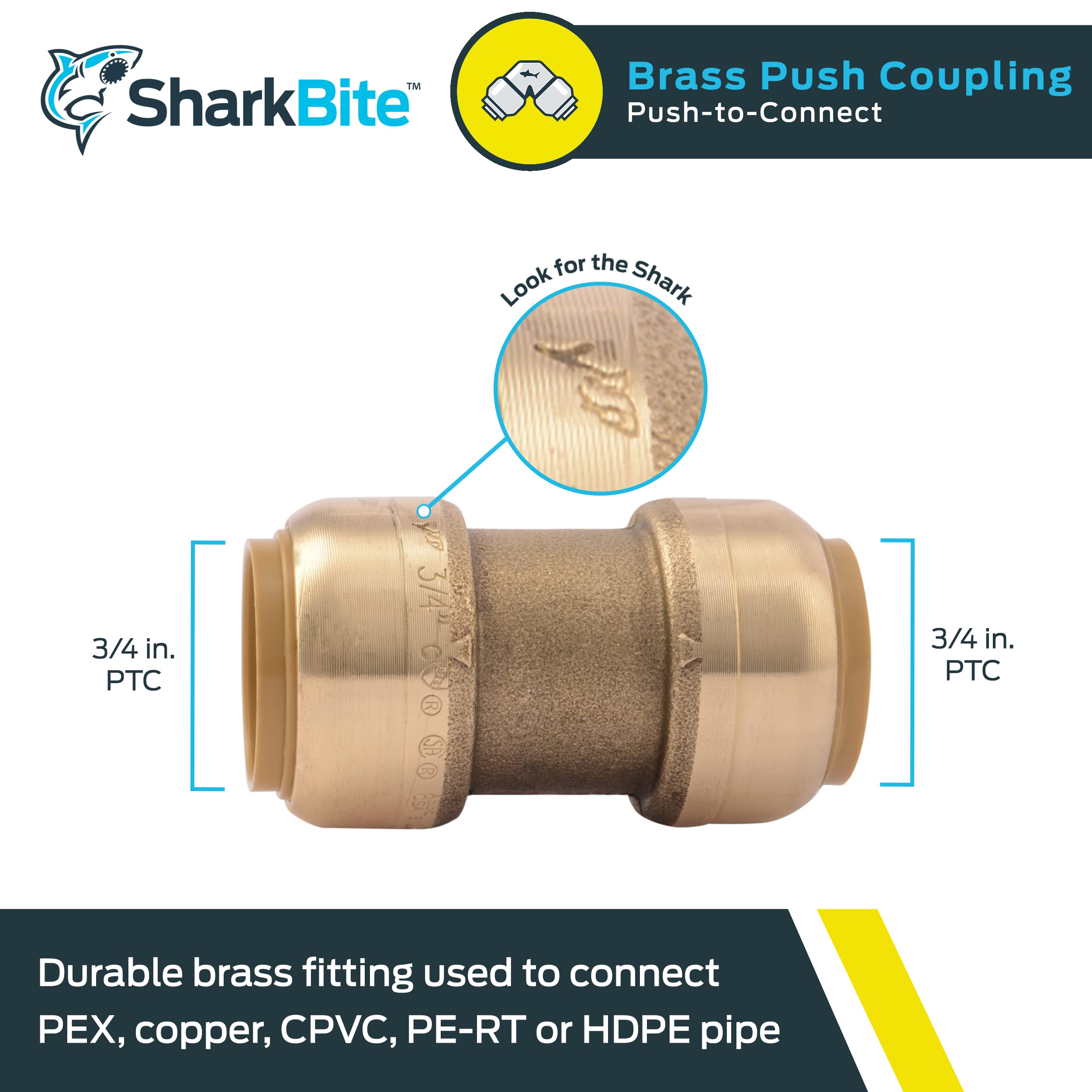 SharkBite 3/4 Inch Coupling, Push to Connect Brass Plumbing Fitting, PEX Pipe, Copper, CPVC, PE-RT, HDPE, U016LFA