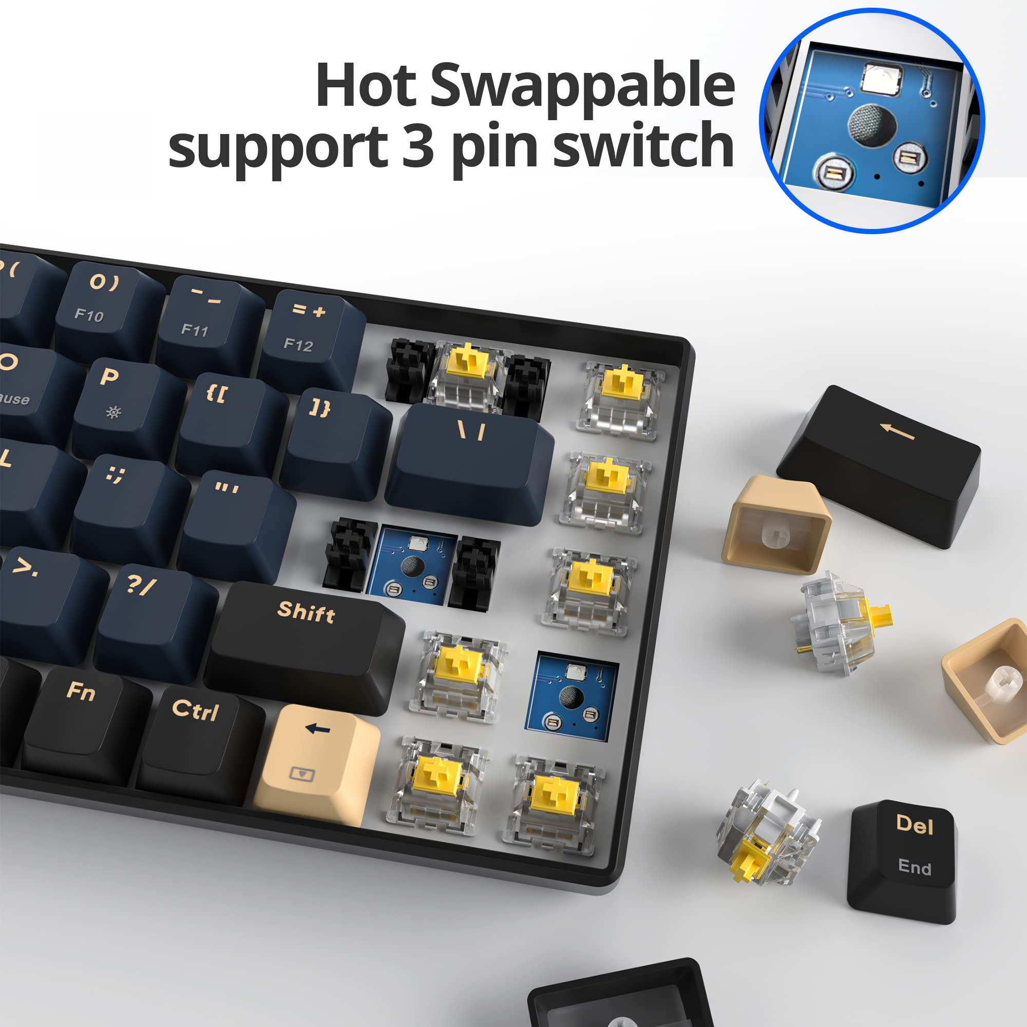 surmen GT68 65% Wireless Mechanical Gaming Keyboard 60 Percent RGB Hot-Swappable 68-Key Compact Keyboard Bluetooth5.0/2.4G/USB with Yellow Switch (Gateron Yellow, Blue Samurai 68)