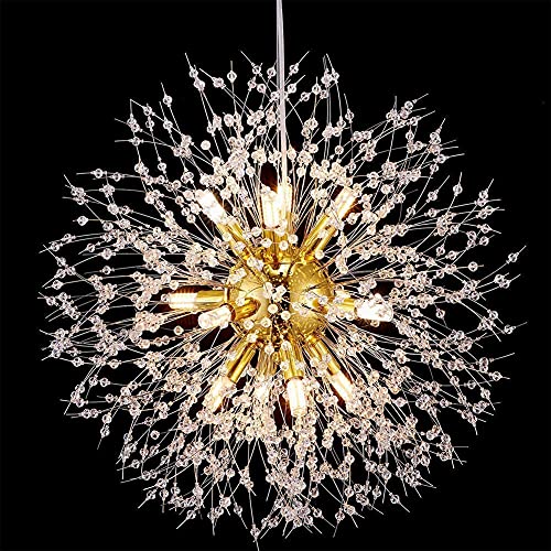 Vikaey Dandelion Crystal Chandeliers, 12-Light Firework Modern Sputnik Chandelier Ceiling Light Fixture Pendant Lighting for Dining Room Bedroom Kitchen Island Living Room,Glod