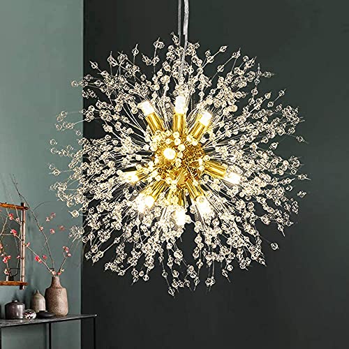 Vikaey Dandelion Crystal Chandeliers, 12-Light Firework Modern Sputnik Chandelier Ceiling Light Fixture Pendant Lighting for Dining Room Bedroom Kitchen Island Living Room,Glod