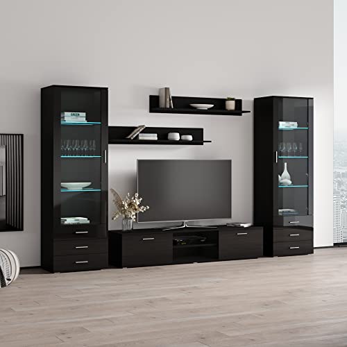 MEBLE FURNITURE & RUGS SOHO 4 Modern Wall Unit with 16 Colors LED Lights (Black)