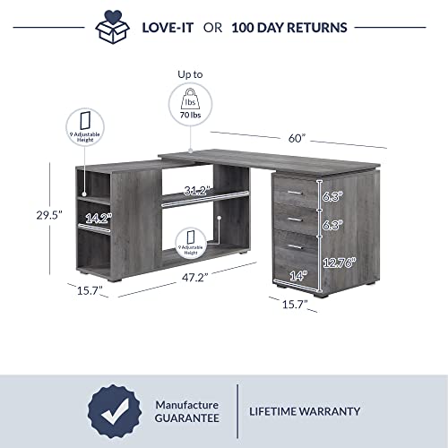 BELLEZE L Shaped Computer Desk, 60” Study Writing Table Home Office Desk Morden Corner Workstation Setup with Adjustable Storage Shelves and 3 Drawers, Gray Wash