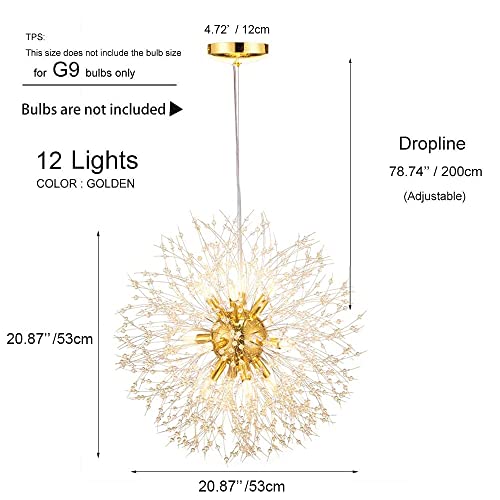 Vikaey Dandelion Crystal Chandeliers, 12-Light Firework Modern Sputnik Chandelier Ceiling Light Fixture Pendant Lighting for Dining Room Bedroom Kitchen Island Living Room,Glod