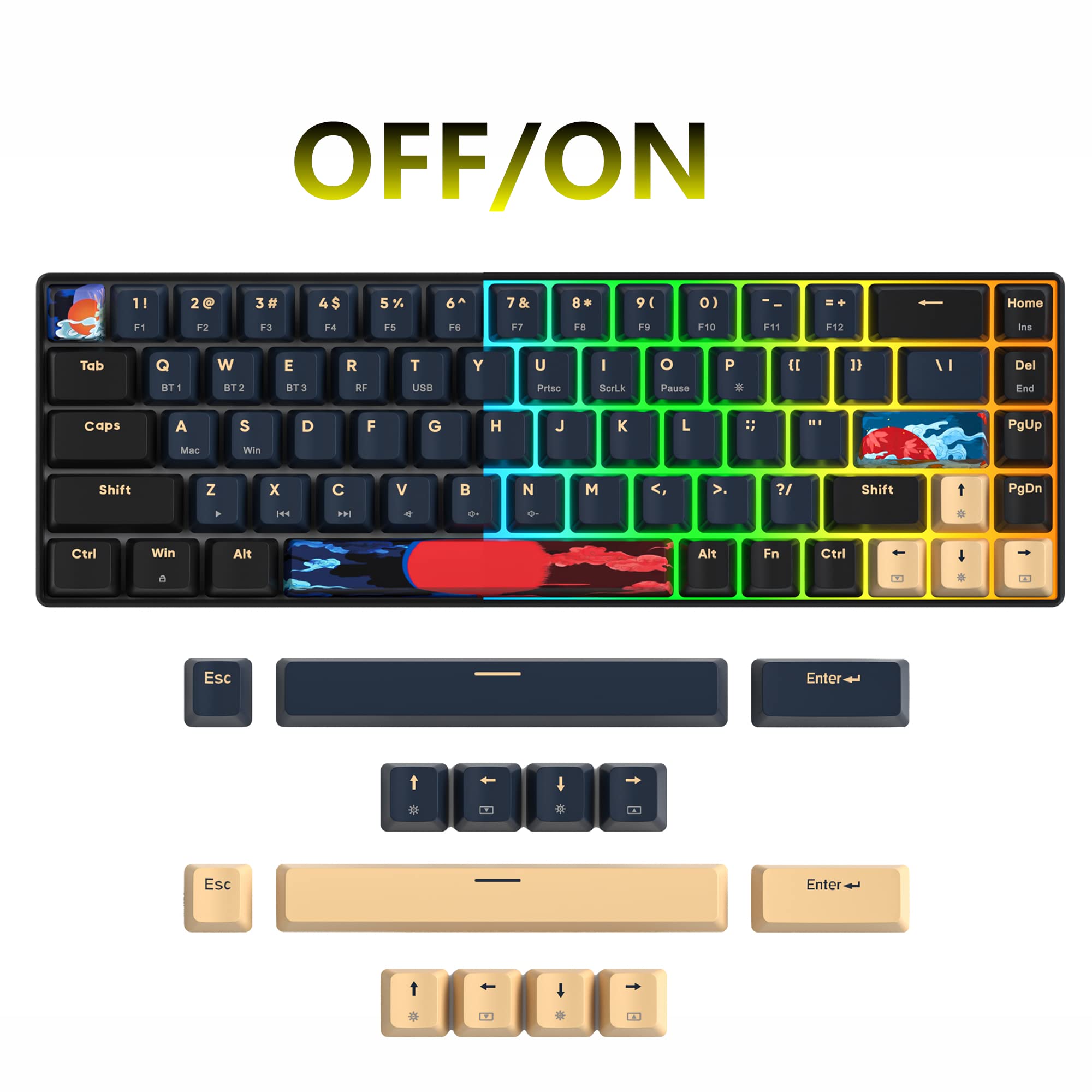 surmen GT68 65% Wireless Mechanical Gaming Keyboard 60 Percent RGB Hot-Swappable 68-Key Compact Keyboard Bluetooth5.0/2.4G/USB with Yellow Switch (Gateron Yellow, Blue Samurai 68)