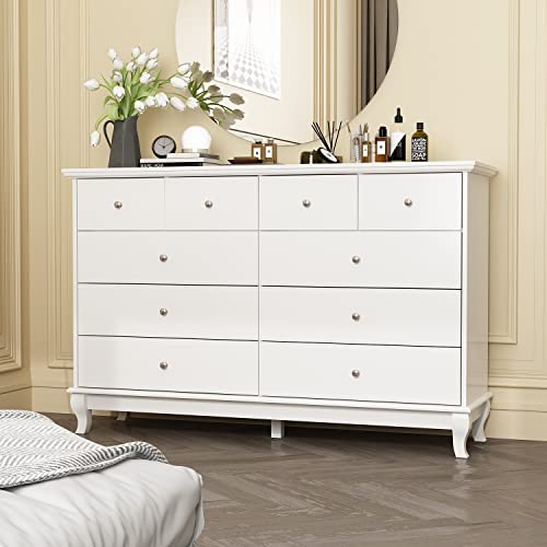 Homsee 10 Drawer Double Dresser with Stylish Carved Legs, Modern Wood Dresser Chest of Drawers with Large Storage Space for Bedroom, White (55.1”W x 15.7”D x 35.4”H)