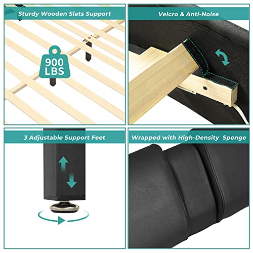 Queen Upholstered Bed Frame with LED Lights Underneath Modern Faux Leather Led Bed Frame Wave Like Curve Low Profile Platform Bed Frame with Headboard,Strong Wood Slats Support,Easy Assembly,Black