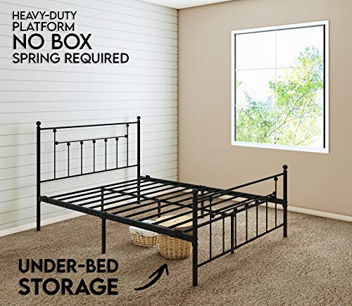 AMBEE21 Victorian Queen Metal Bed Frame with Headboard and Footboard Platform/Wrought Iron/Heavy Duty/Solid Sturdy Metal Slat/Black/No Box Spring Needed/Mattress Foundation/Under Bed Storage