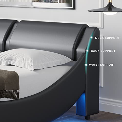 Queen Upholstered Bed Frame with LED Lights Underneath Modern Faux Leather Led Bed Frame Wave Like Curve Low Profile Platform Bed Frame with Headboard,Strong Wood Slats Support,Easy Assembly,Black
