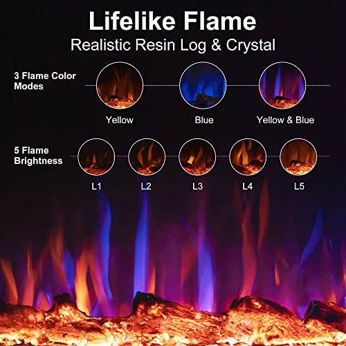 Benrocks 72'' Electric Fireplace Heater, Electric Fireplace Inserts with Adjustable Multi-Color Flame and Speed, Touch Screen & Remote, Overheating Protection, 9h Timer 750/1500w, Black