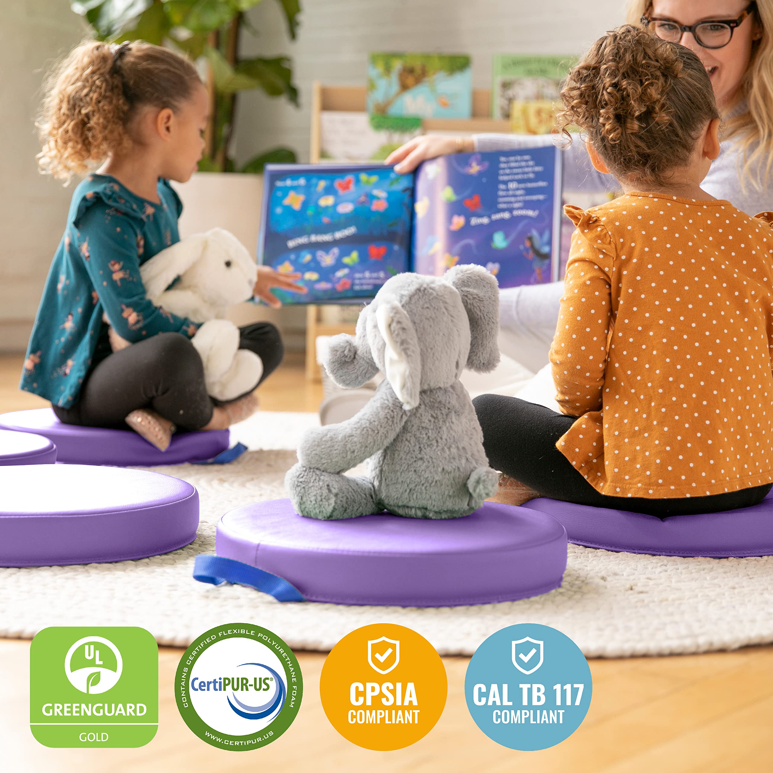 ECR4Kids SoftZone Floor Cushions with Handles, 2" Deluxe Foam, Round, Purple, (6-Pack)
