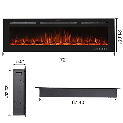 Benrocks 72'' Electric Fireplace Heater, Electric Fireplace Inserts with Adjustable Multi-Color Flame and Speed, Touch Screen & Remote, Overheating Protection, 9h Timer 750/1500w, Black