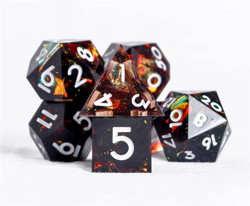 FOXBITE Sharpe Dice 7 DND Dice Sets Polyhedral Teal Swirl Black with Sequins Inside with Gorgeous Box Case for DND Dungeons and Dragons (Teal Swirl Black with Sequins) (Changeling)