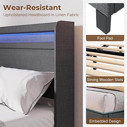 Rolanstar Bed Frame Queen Size with Headboard, Upholstered Platform Bed Frame Queen with LED Lights and USB Ports, Motion Activated Night Light & Solid Wood Slats, No Box Spring Needed, Dark Grey