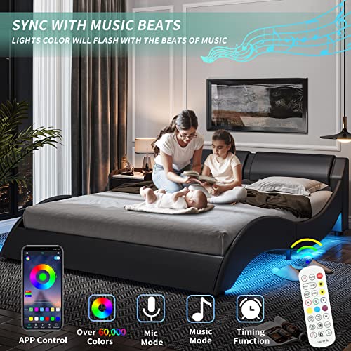 Queen Upholstered Bed Frame with LED Lights Underneath Modern Faux Leather Led Bed Frame Wave Like Curve Low Profile Platform Bed Frame with Headboard,Strong Wood Slats Support,Easy Assembly,Black