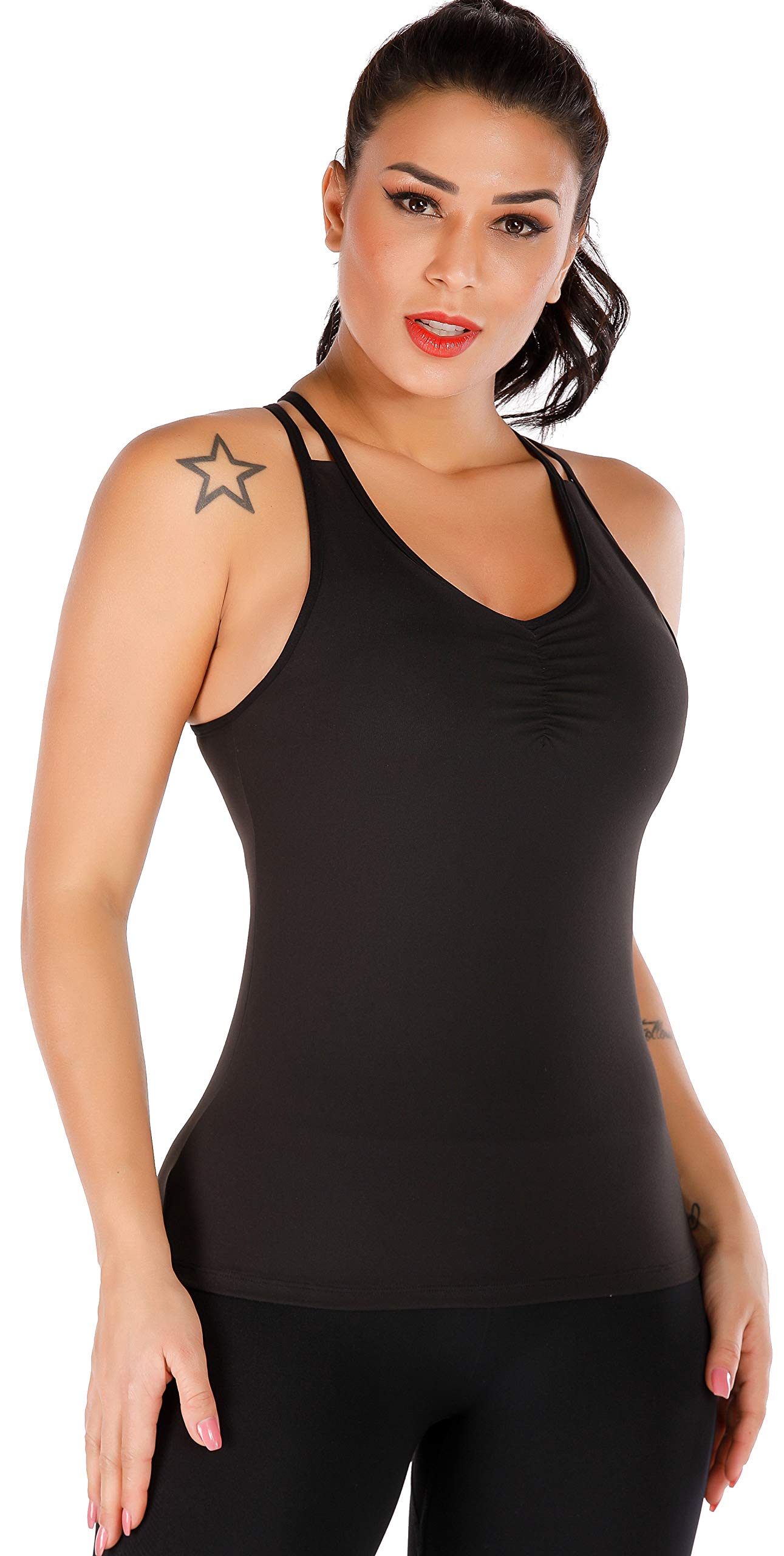 RUNNING GIRL Yoga Tank Tops for Women Built in Shelf Bra B/C Cups Strappy Back Activewear Workout Compression Tops (BX2366 Black.CN:L,US:M)
