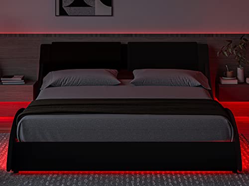 Queen Upholstered Bed Frame with LED Lights Underneath Modern Faux Leather Led Bed Frame Wave Like Curve Low Profile Platform Bed Frame with Headboard,Strong Wood Slats Support,Easy Assembly,Black