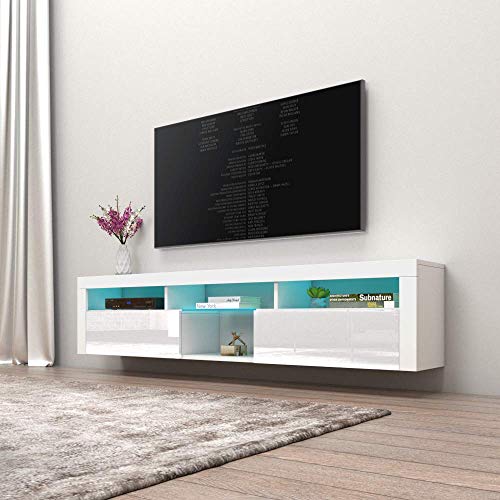 MEBLE FURNITURE & RUGS Bari 200 Wall Mounted Floating 79" TV Stand with 16 Color LEDs White
