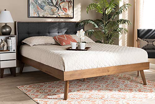 Wholesale Interiors Baxton Studio Alke Mid-Century Modern Dark Grey Fabric Upholstered Walnut Brown Finished Wood King Size Platform Bed