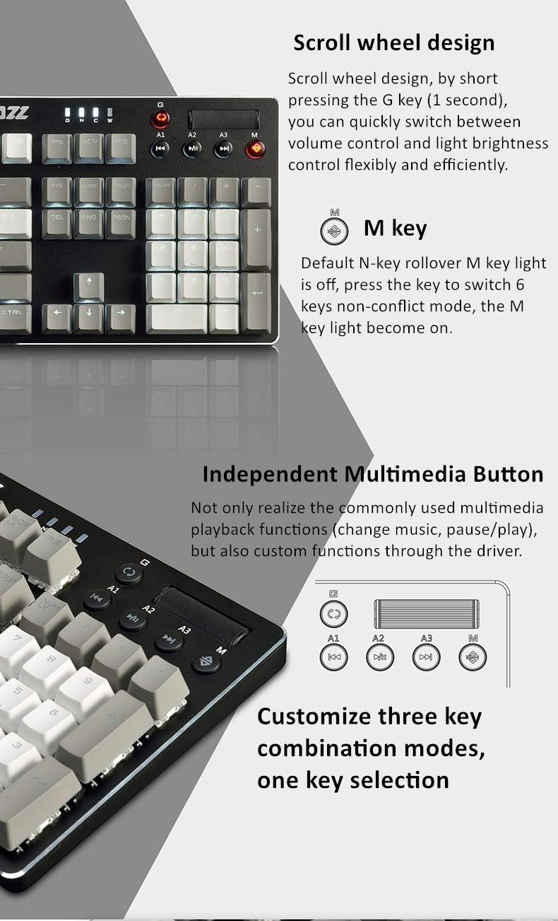 AK35I Wired Full-Size Mechanical Gaming Keyboard with Blue Switches, White-Grey Matching PBT Keycaps, Anti-Ghosting Multimedia Keys Roller, White Backlit, Programmable Macro, Aluminum Black