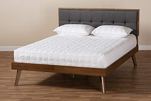 Wholesale Interiors Baxton Studio Alke Mid-Century Modern Dark Grey Fabric Upholstered Walnut Brown Finished Wood King Size Platform Bed