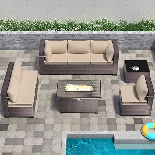 Halmuz 8 Piece Outdoor Patio Furniture Set with Gas Fire Pit Table, Wicker Propane Fire Pit Table Combo Sofa with Windshield and Coffee Table (Brown)