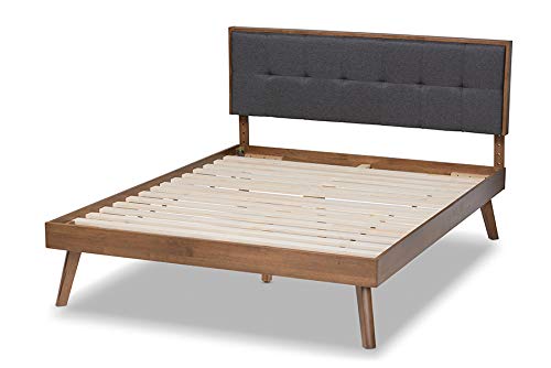 Wholesale Interiors Baxton Studio Alke Mid-Century Modern Dark Grey Fabric Upholstered Walnut Brown Finished Wood King Size Platform Bed