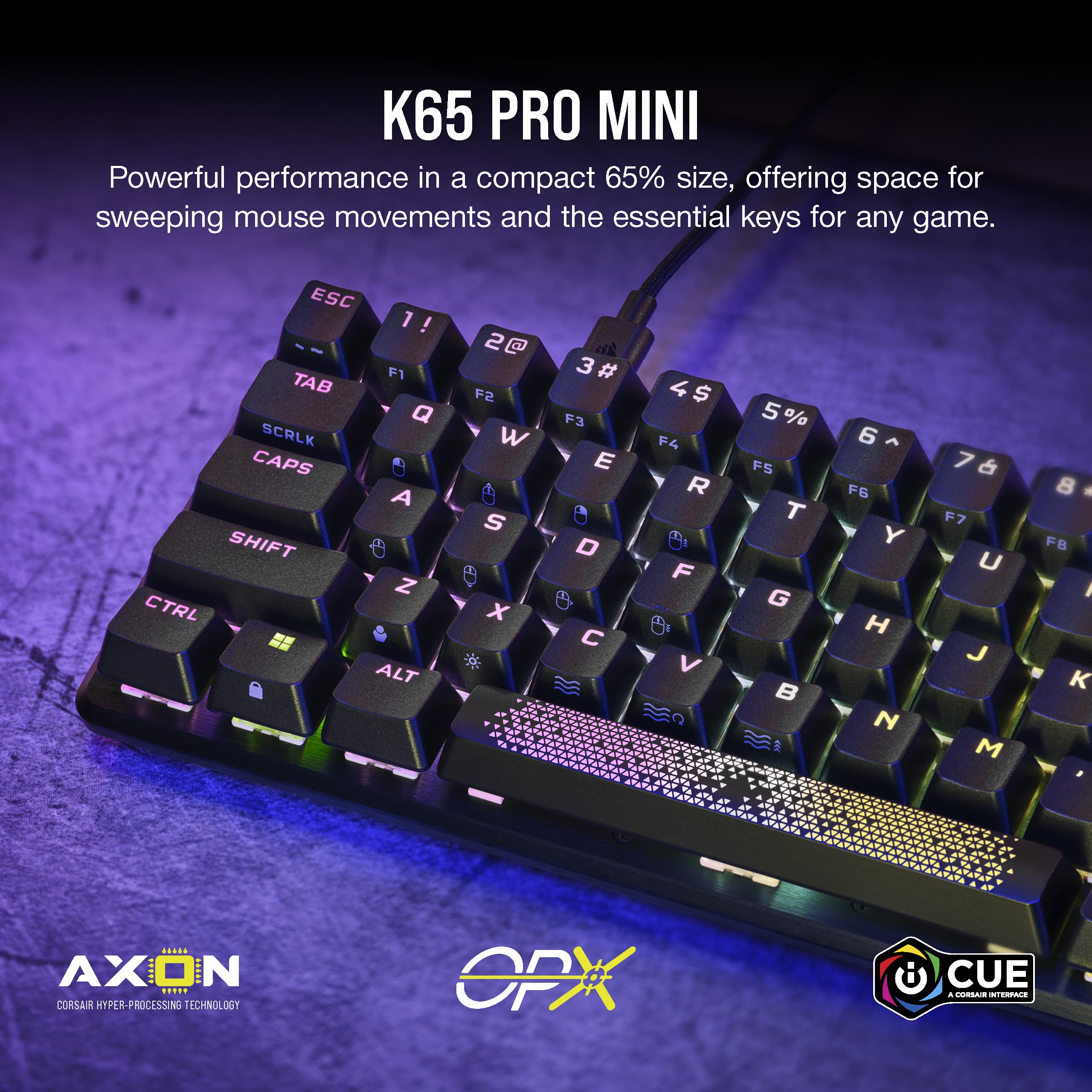 Corsair K65 PRO Mini RGB 65% Optical-Mechanical Wired Gaming Keyboard - OPX Switches - PBT Double-Shot Keycaps - iCUE Compatible - QWERTY NA Layout - Black