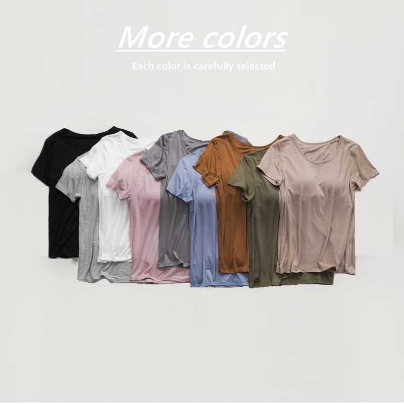 Womens Short Sleeve Shirt Built in Shelf Bra,Crew Neck Wireless Bra Padded Yoga Casual T-Shirt (as1, Alpha, 3X_l, Regular, Regular, Standard, Caramel Colour)