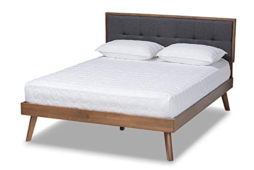 Wholesale Interiors Baxton Studio Alke Mid-Century Modern Dark Grey Fabric Upholstered Walnut Brown Finished Wood King Size Platform Bed