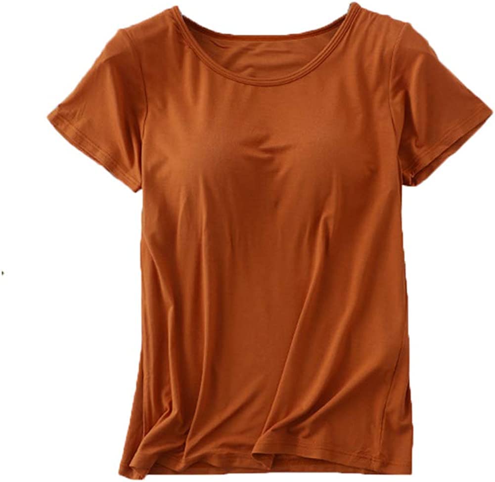 Womens Short Sleeve Shirt Built in Shelf Bra,Crew Neck Wireless Bra Padded Yoga Casual T-Shirt (as1, Alpha, 3X_l, Regular, Regular, Standard, Caramel Colour)
