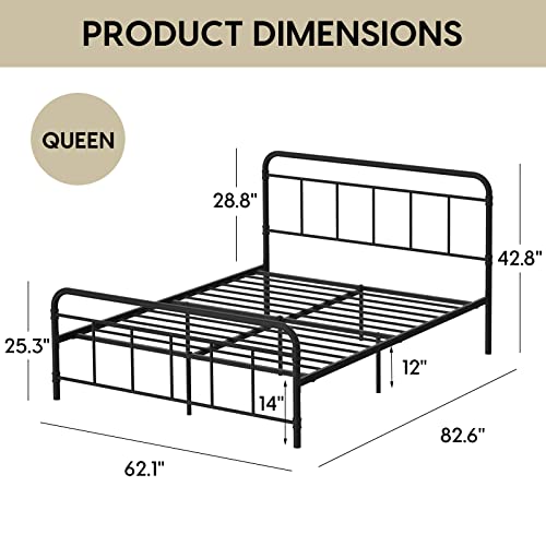 WILSLAT Black Metal Queen Bed Frame with Headboard and Footboard, Queen Platform Bed Frame, Heavy Duty Steel Slat Support, Noise Free, No Box Spring Needed, Easy Assembly