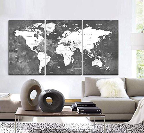 Original by BoxColors LARGE 30"x 60" 3 Panels 30"x20" Ea Art Canvas Print Watercolor Map World countries cities Push Pin Travel Wall Black White Gray decor Home interior (framed 1.5" depth)