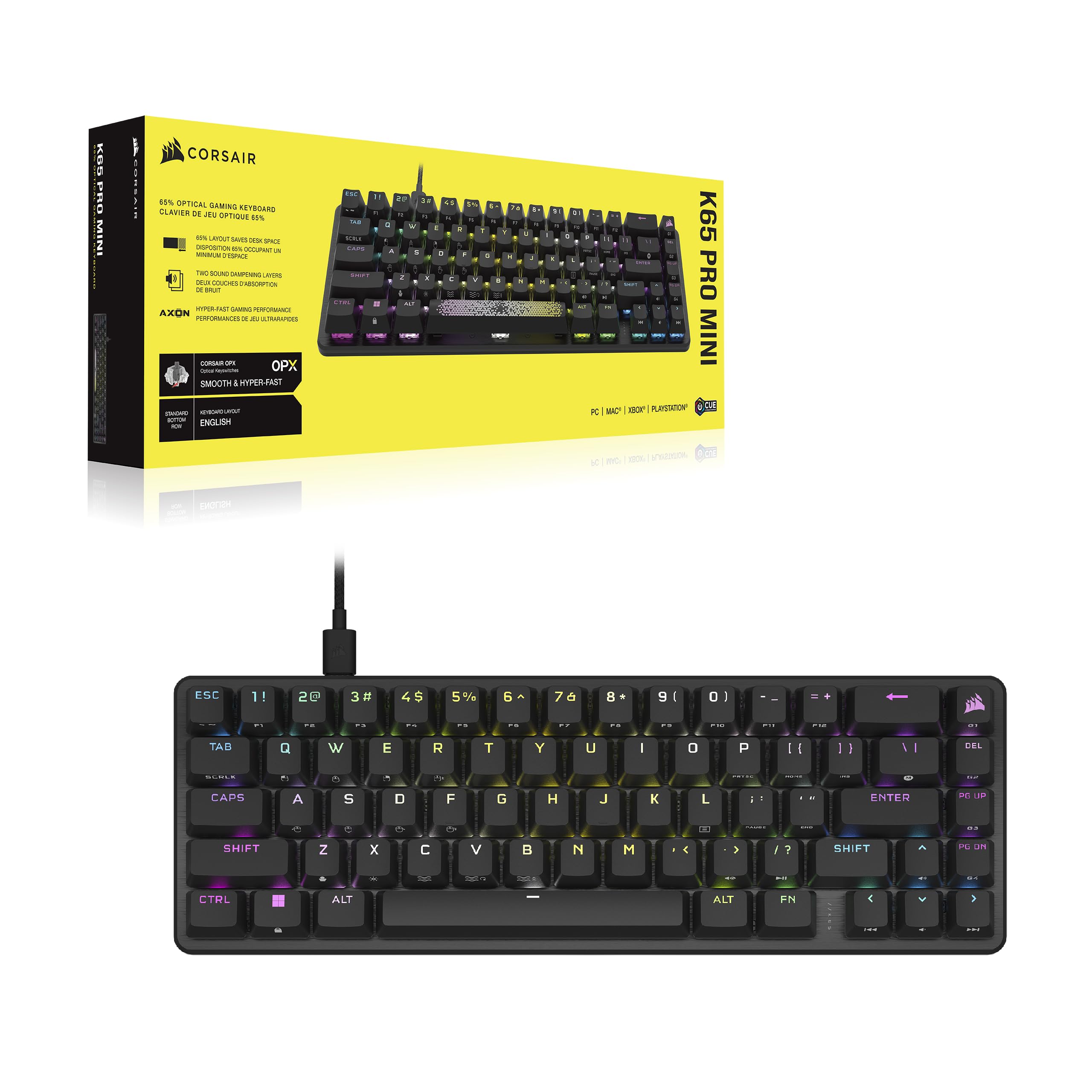 Corsair K65 PRO Mini RGB 65% Optical-Mechanical Wired Gaming Keyboard - OPX Switches - PBT Double-Shot Keycaps - iCUE Compatible - QWERTY NA Layout - Black
