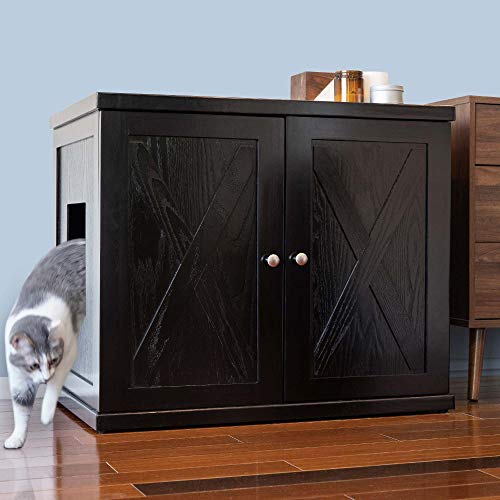 THE REFINED FELINE Cat Litter Box Enclosure Cabinet, Farmhouse, Black Espresso, Adjustable Levelers, XLarge, Hidden Litter Cat Furniture with Drawer