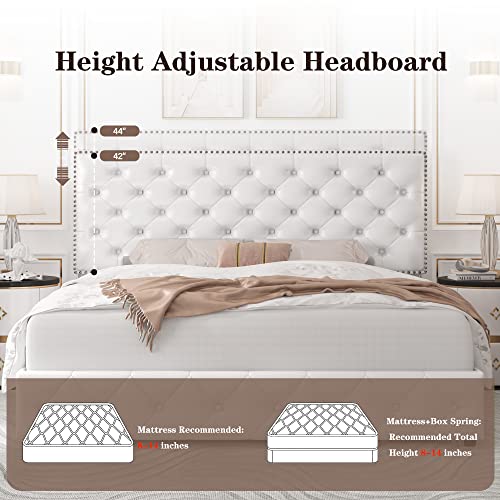 Queen Bed Frame with Storage and Adjustable Headboard, Bed Frame with 4 Drawers and Wooden Slats Support, No Box Spring Needed (PU White, Queen (U.S. Standard))