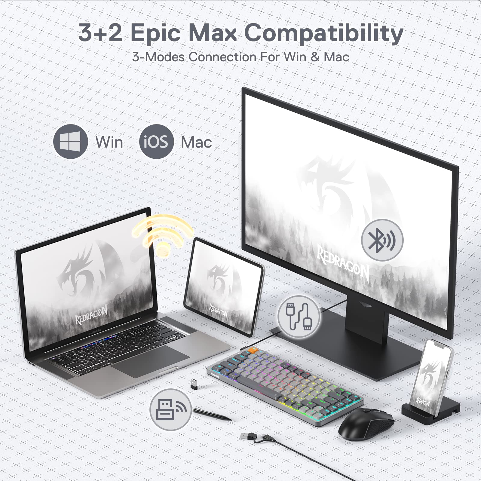 Redragon K652 75% Wireless RGB Mechanical Keyboard, Tri-Mode 84 Keys Ultra-Thin Gaming Keyboard w/Aluminum Top Plate, 100% Supported Win/Mac System & Low Profile Brown Switch