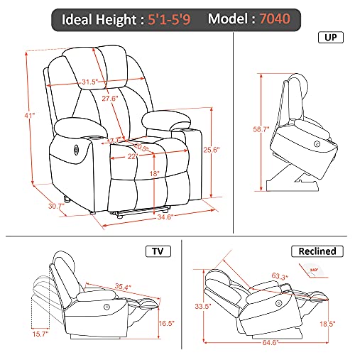 MCombo Electric Power Lift Recliner Chair Sofa with Massage and Heat for Elderly, 3 Positions, 2 Side Pockets, and Cup Holders, USB Ports, Fabric 7040 (Medium, Gray)