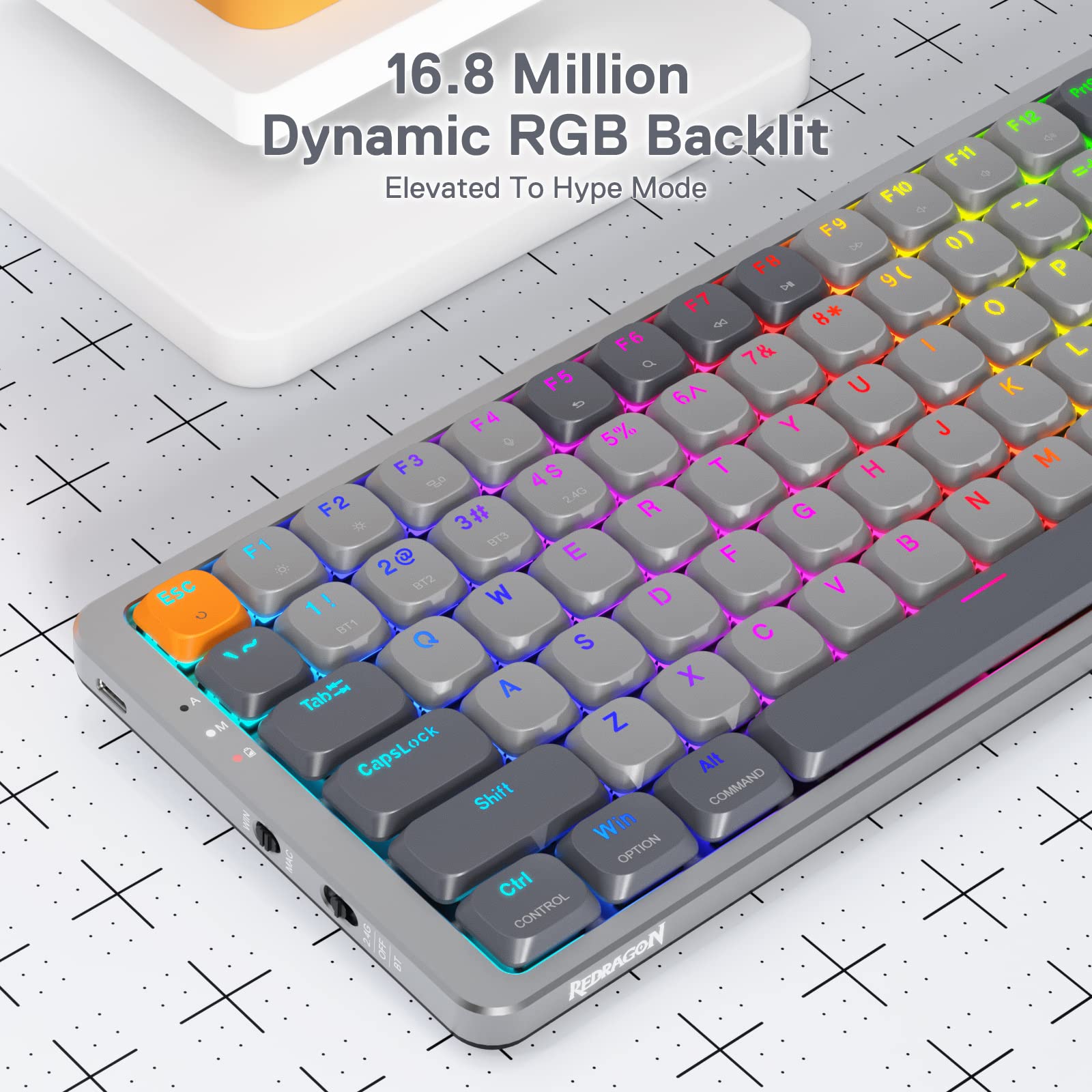 Redragon K652 75% Wireless RGB Mechanical Keyboard, Tri-Mode 84 Keys Ultra-Thin Gaming Keyboard w/Aluminum Top Plate, 100% Supported Win/Mac System & Low Profile Brown Switch