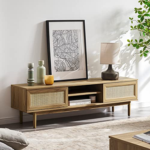mopio Haylee Farmhouse Rattan 59" TV Stand, 100% Natural for 55/60 inch TV, Modern Farmhouse Boho with Rattan Sliding Doors, Adjustable Shelves, Includes Leveler (Natural Oak)