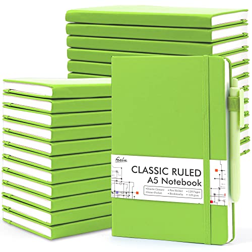 feela 24 Pack Journal Notebook Bulk for Work, Business Notebook Hardcover Lined Writing Journal with Pen Holder for Men Women Note Taking, with 24 Black Pens, 120 GSM, 5.1āx8.3ā, A5, Green
