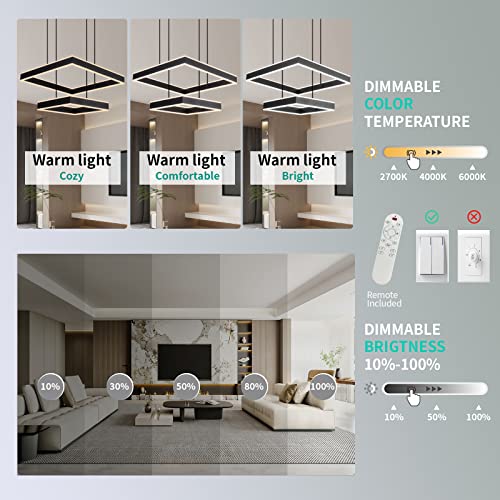 Behsig Modern Chandelier,Modern Led Chandelier,2 Rings Square Chandelier for Living Room,Adjustable Height,Chandelier Lighting Fixture High Ceiling Hanging Dining Room LED Pendant Light