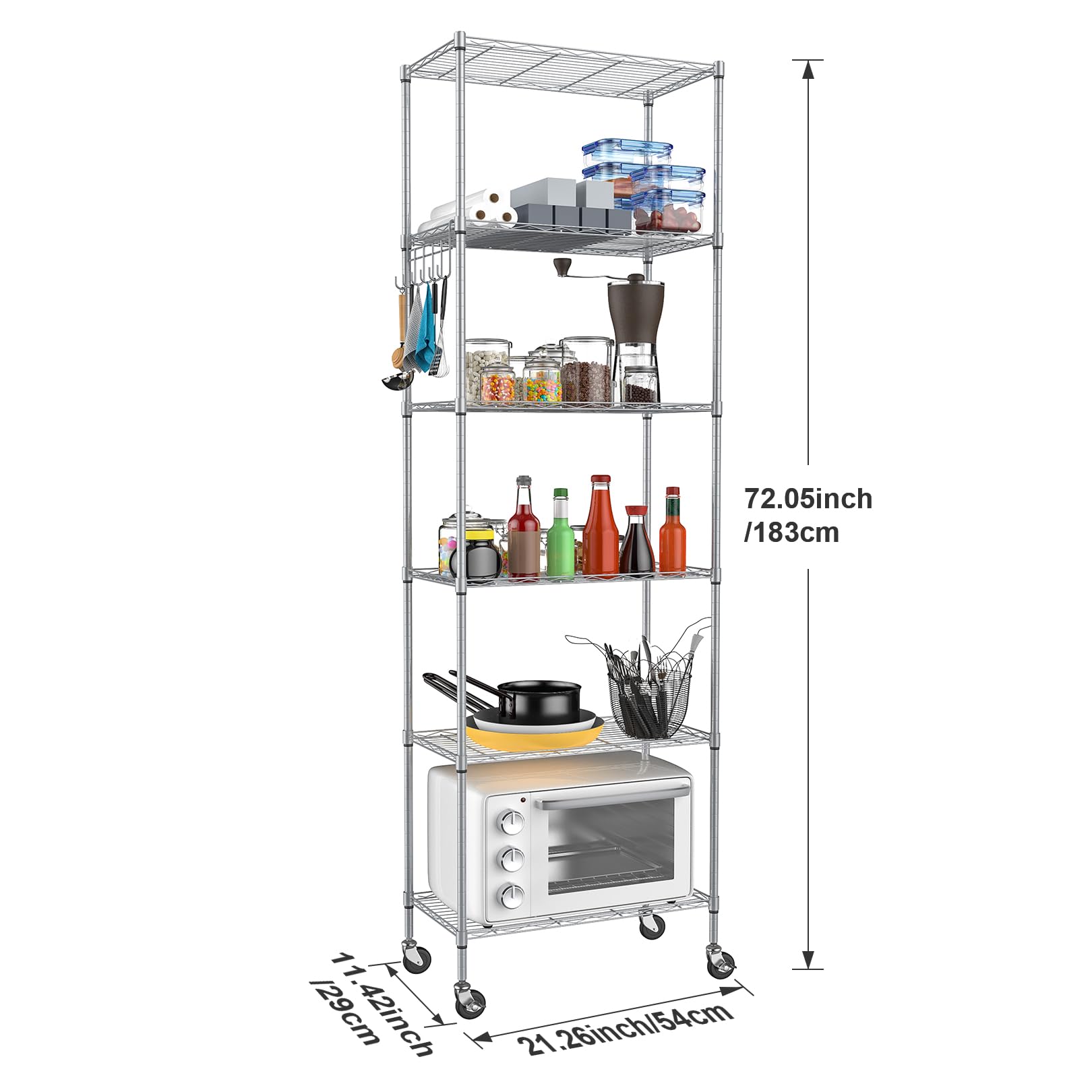 Homdox 6 Tier Wire Shelving Unit on Wheels, Storage Shelves for Garage Kitchen Living Room, Heavy Duty Shelving Rack, 21.26 x 11.42 x 72.05 inch (L x W x H)